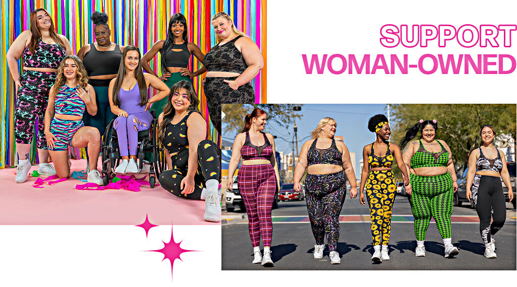 Diverse group of models in POP Fit smiling. Support woman-owned.